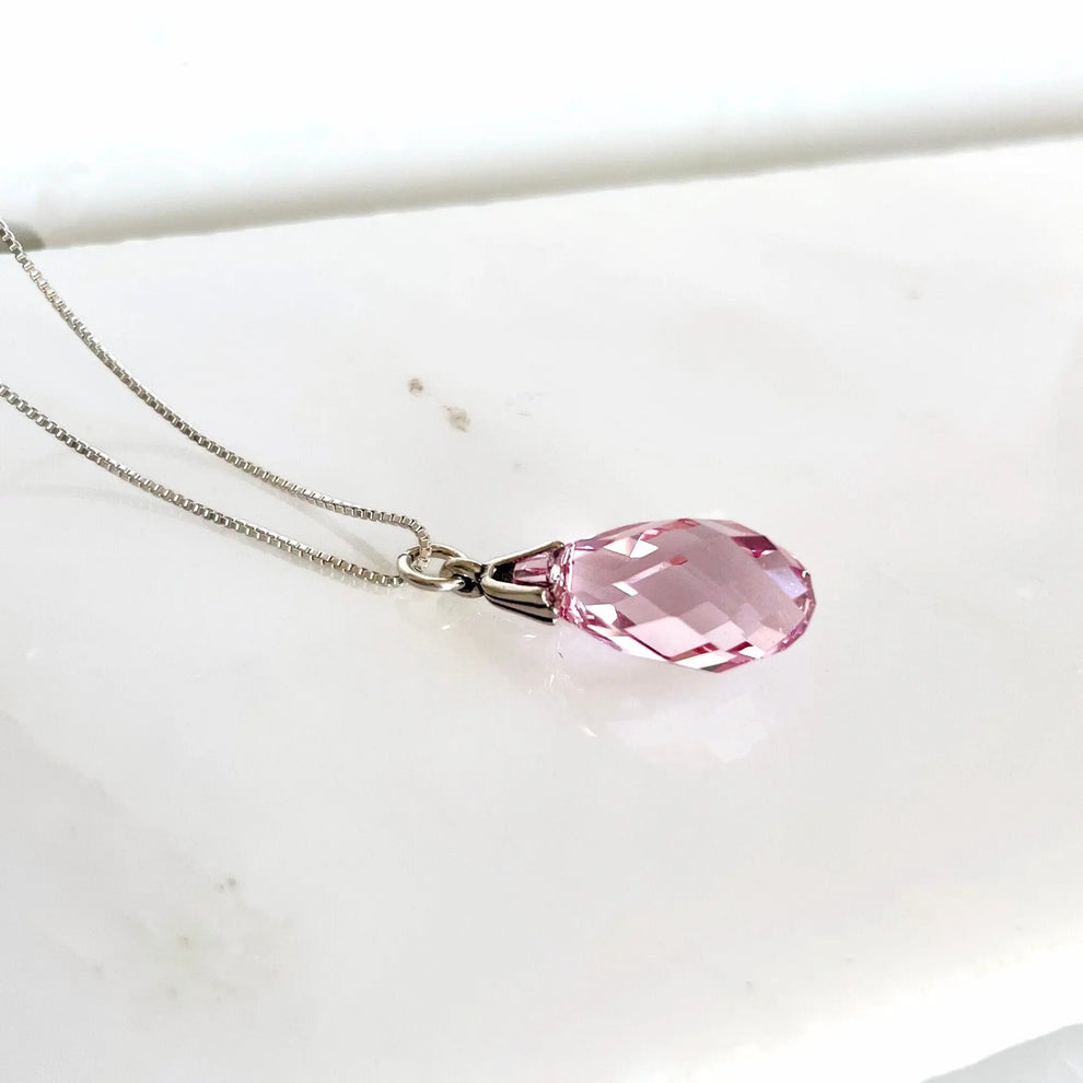 Pink Crystal Teardrop Necklace on Sterling Silver Box Chain – LoveYourBling