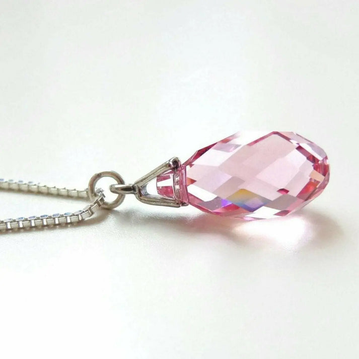 Pink Crystal Teardrop Necklace on Sterling Silver Box Chain – LoveYourBling