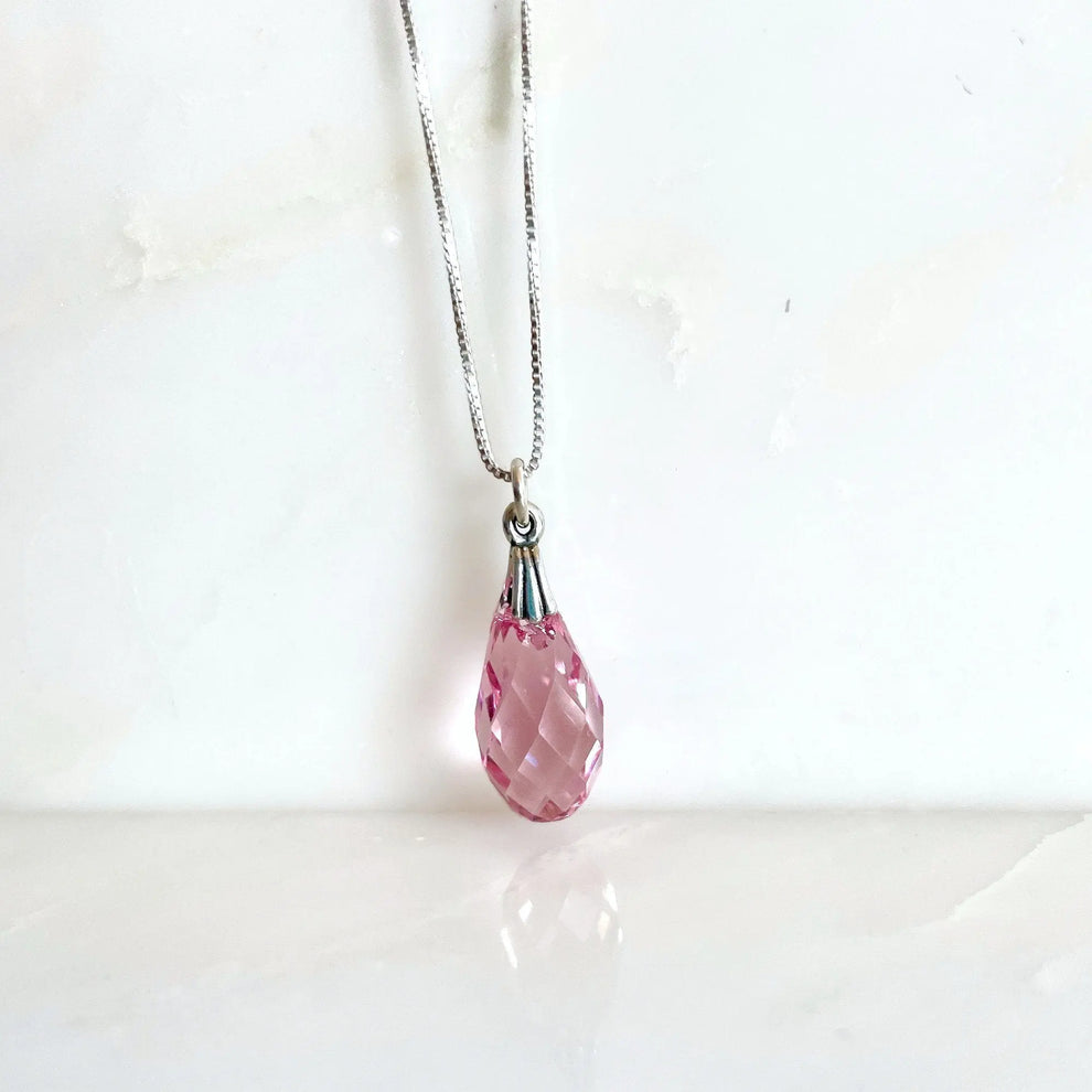 Pink Crystal Teardrop Necklace on Sterling Silver Box Chain – LoveYourBling